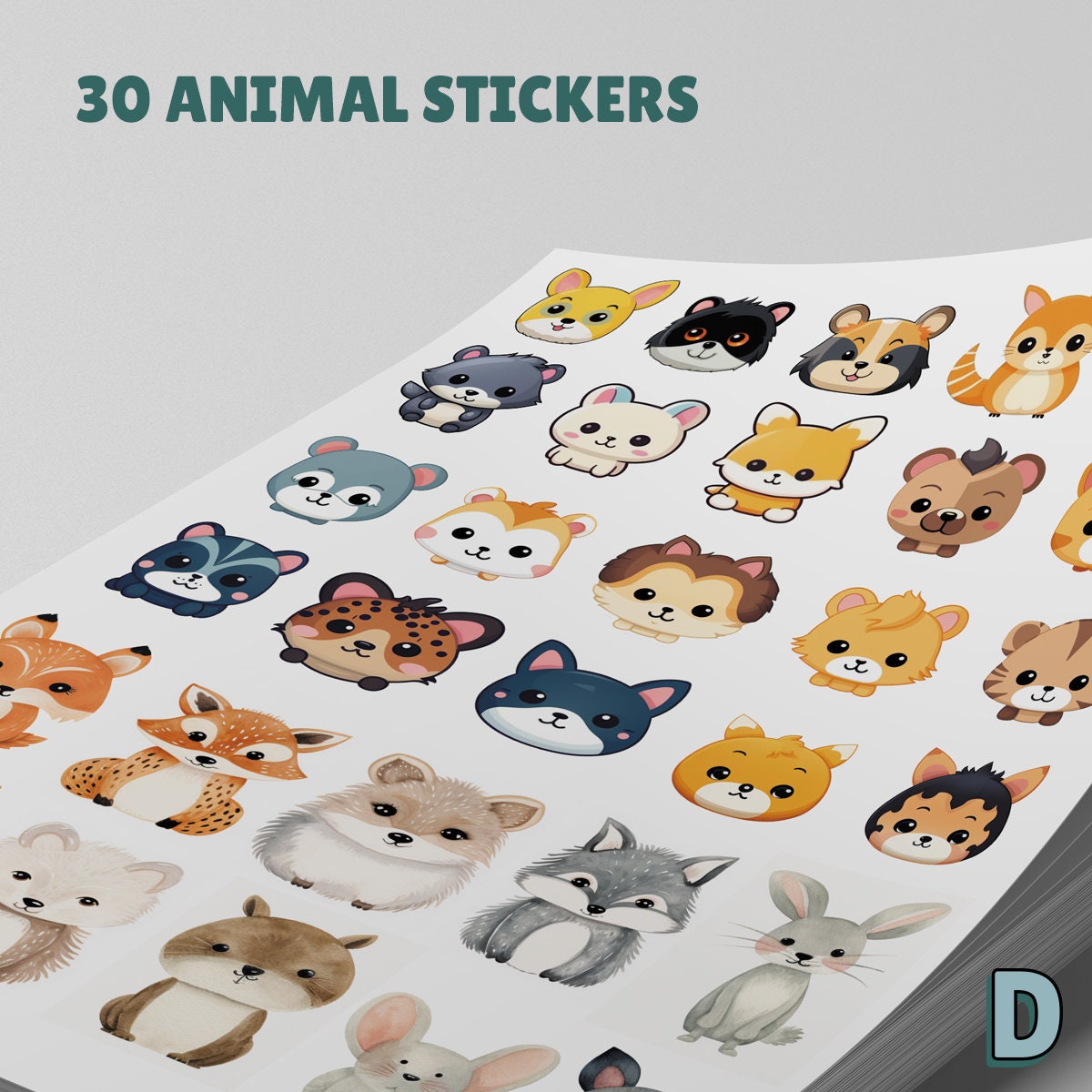 Printable Animal Stickers: 30 Cute Decals for DIY Crafts Set - Etsy