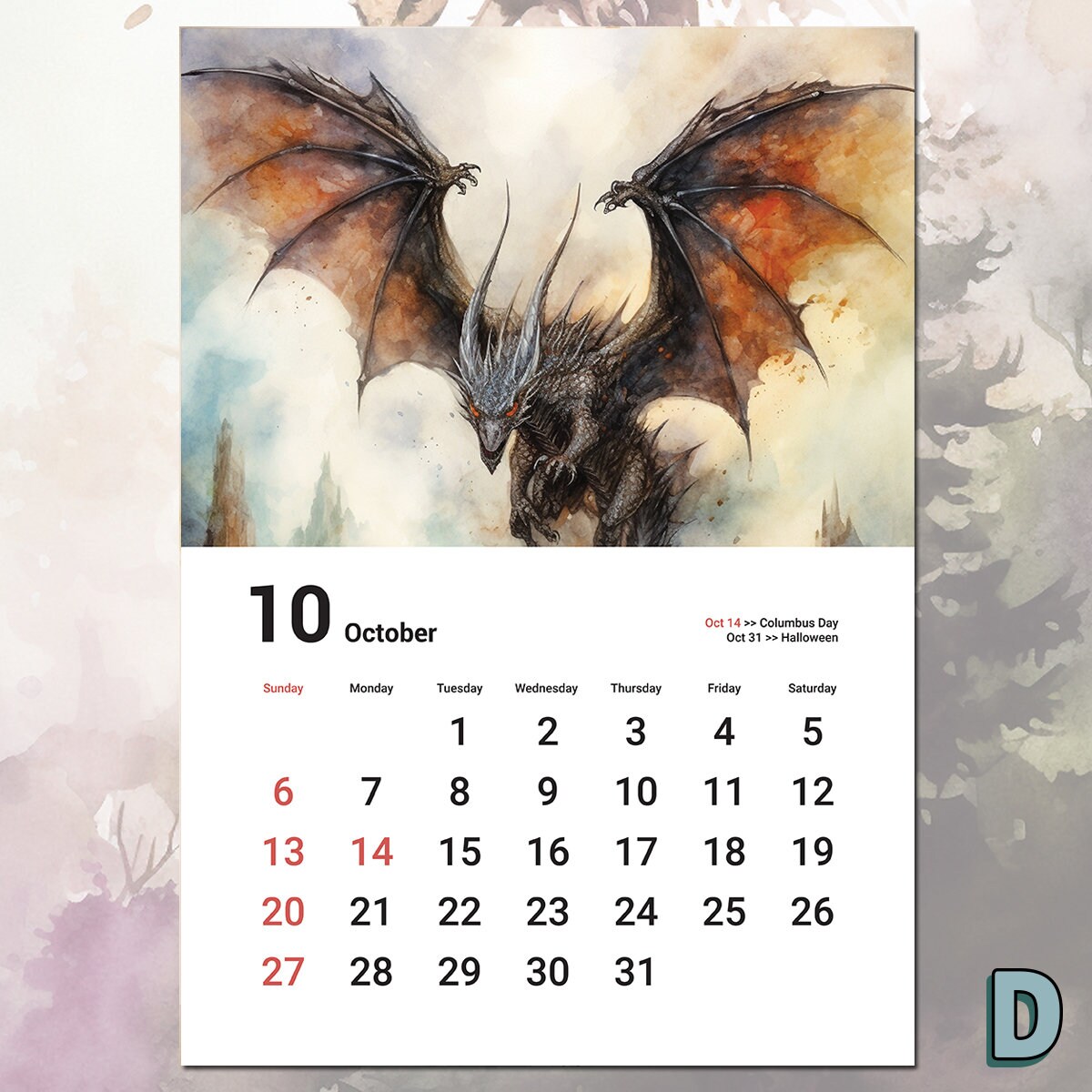 2024 Watercolor Dragons Calendar: Monthly Wall Art, Holiday Dates ...