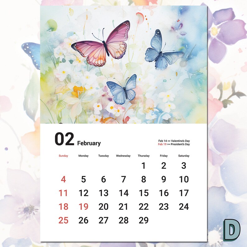 2024 Butterfly Calendar: Watercolor Art, Printable, Holiday Dates ...
