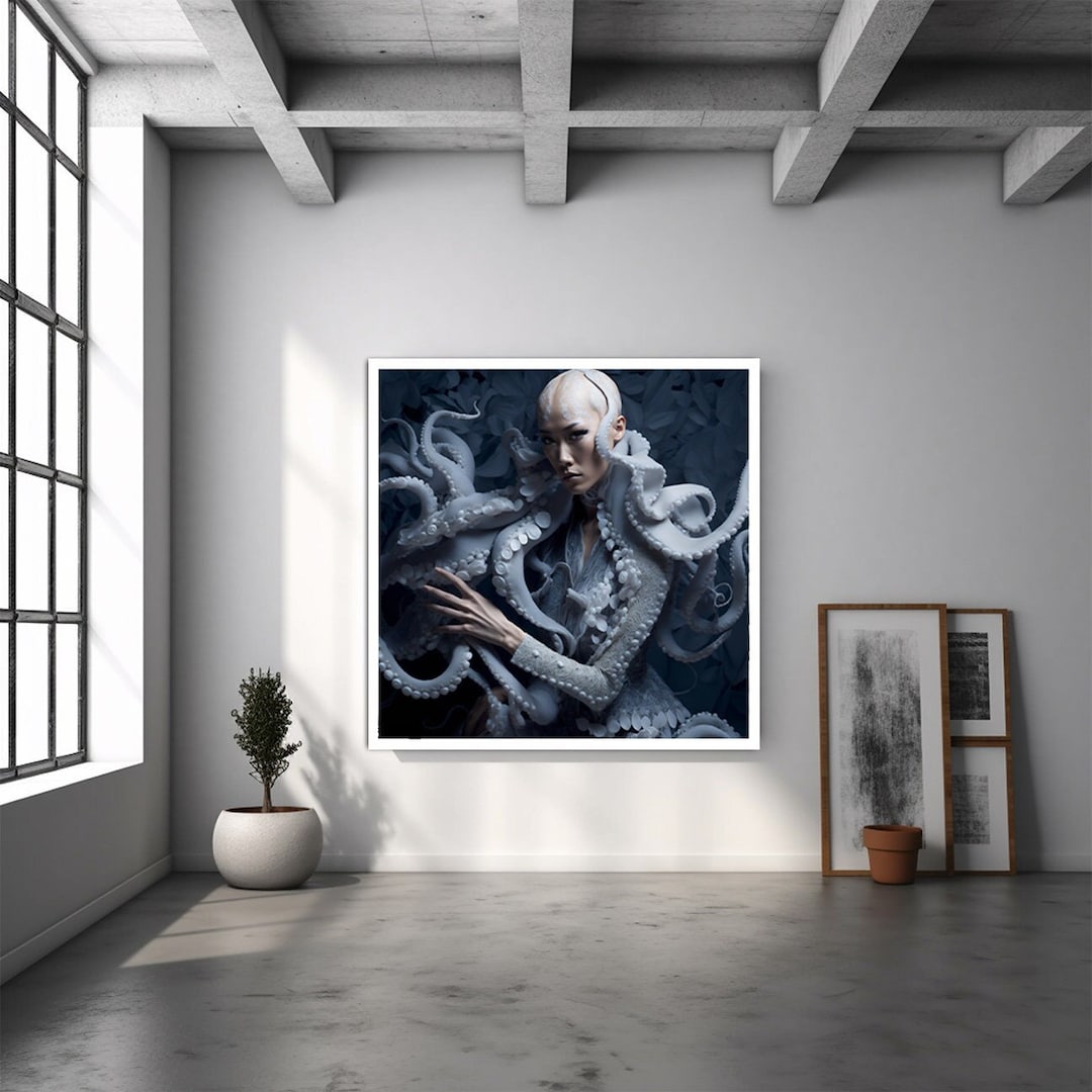 Woman Octopus Canvas, Chimera Wall Art, Fantasy Art Painting, Bald Lady ...