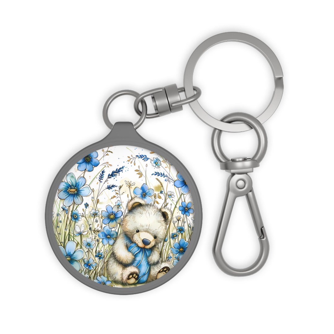 Teddy Bear in Blue Flowers Key Ring Tag Teddy Bear Key Ring Blue Floral ...