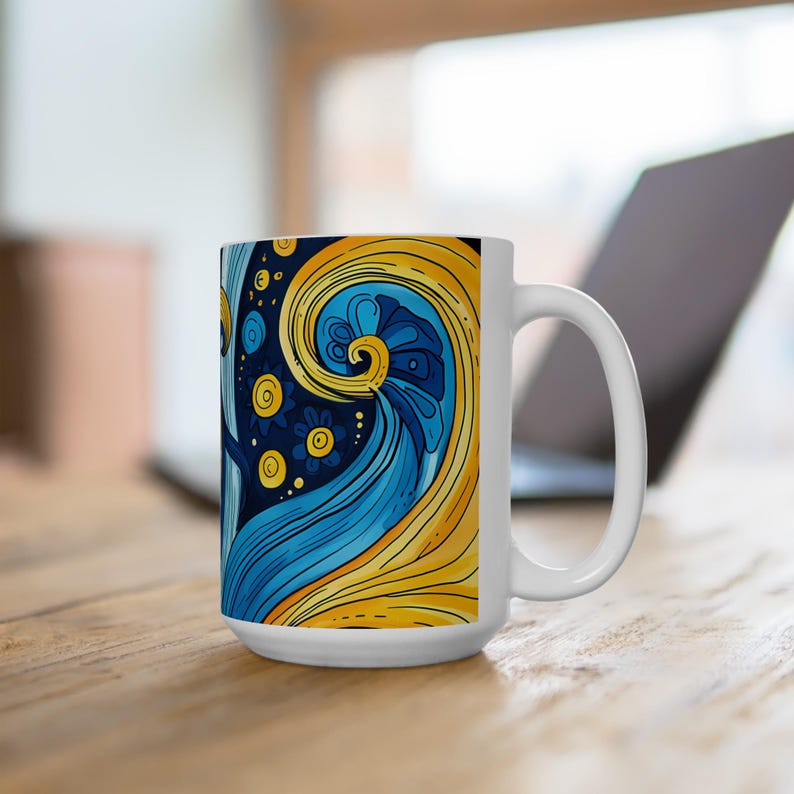 Blue and Yellow Swirly Doodle Ceramic Mug 15 Oz. Blue and Yellow Coffee ...
