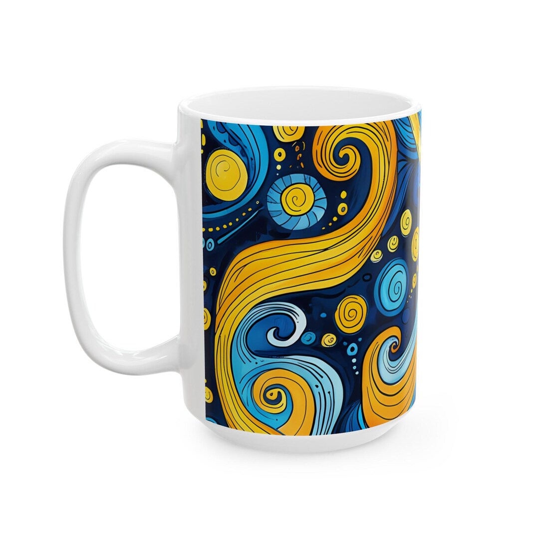 Blue and Yellow Swirly Doodle Ceramic Mug 15 Oz. Blue and Yellow Coffee ...