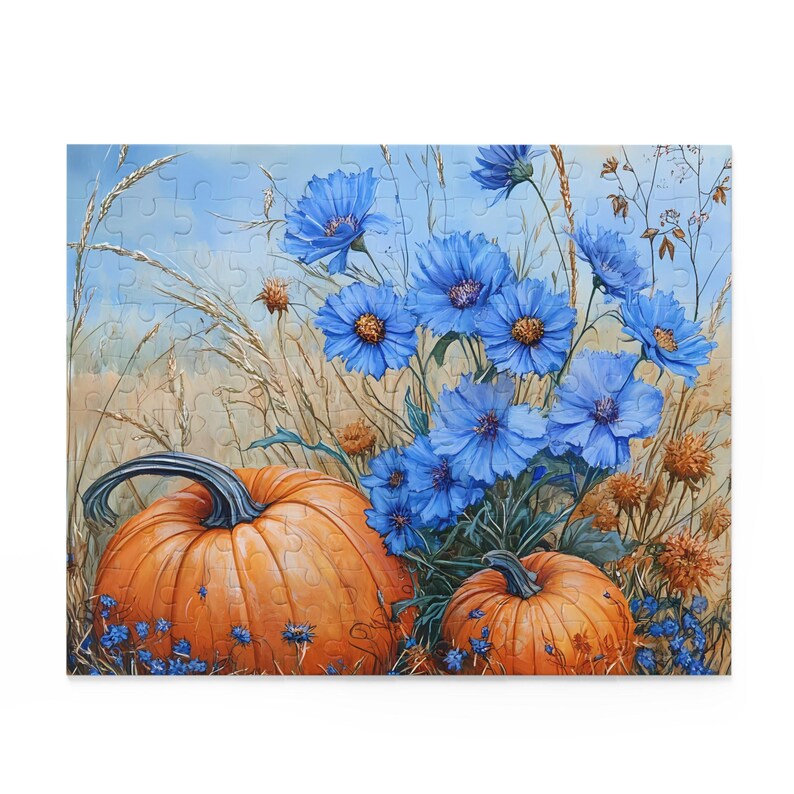 Pumpkins and Blue Wildflowers Puzzle 120 Piece Puzzle Autumn Puzzle ...