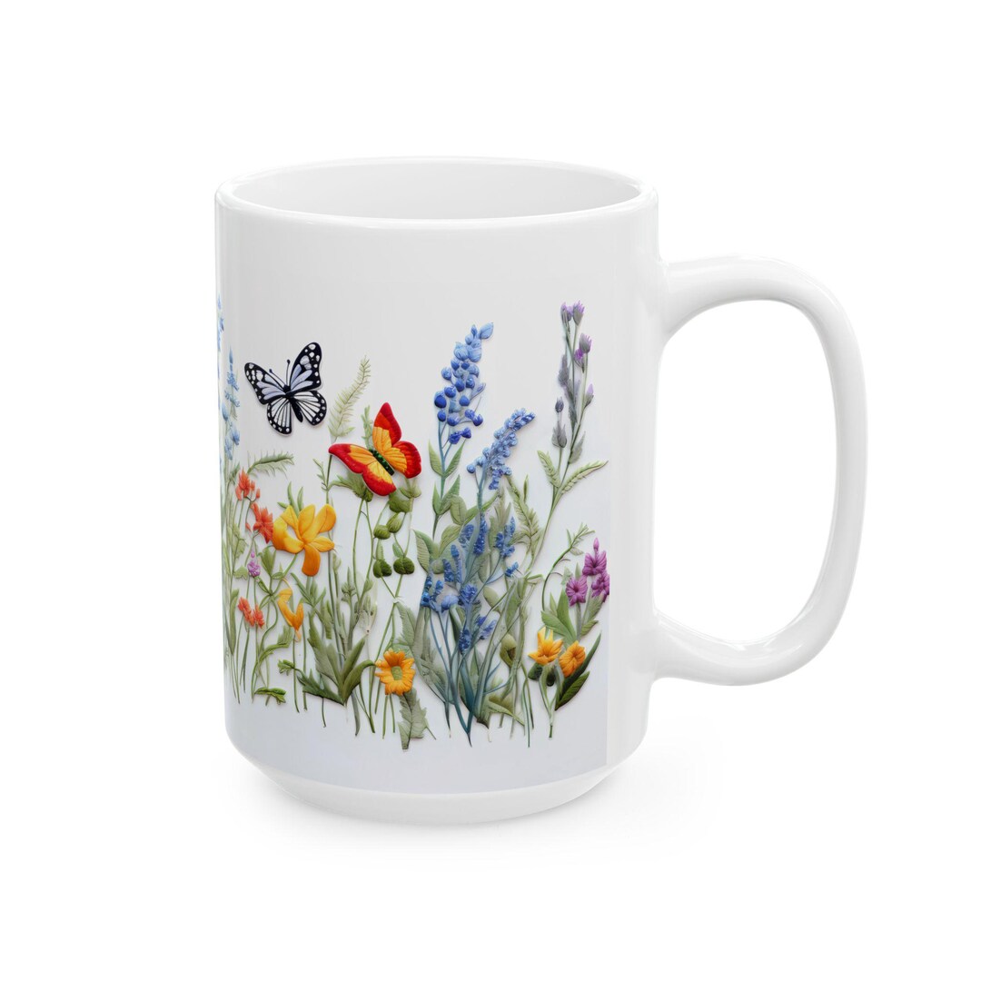 Flowers and Butterflies Ceramic Mug 15 Oz. Floral Coffee Mug Butterfly ...