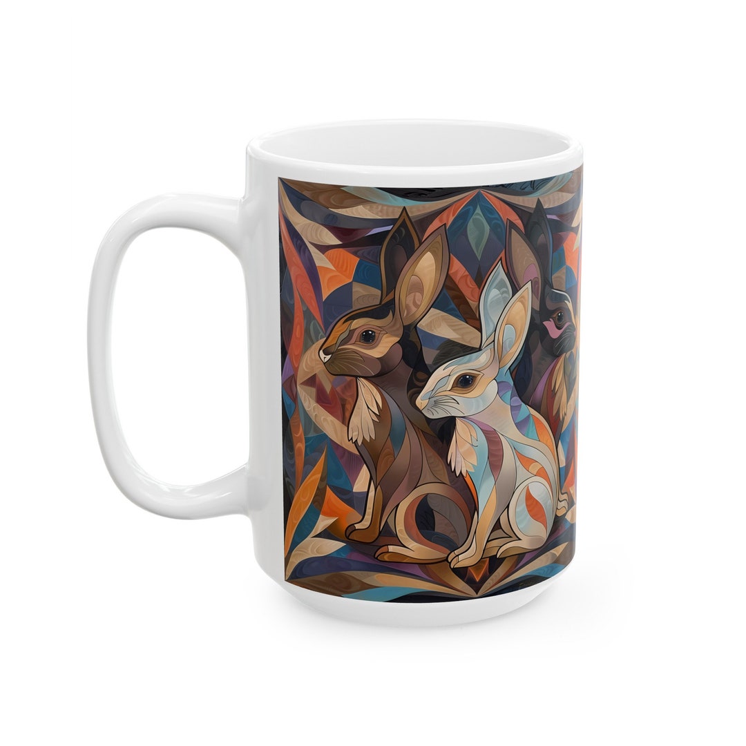 Inlaid Rabbits Ceramic Mug 15 Oz. Bunnys Coffee Mug Rabbit Lover Mug ...