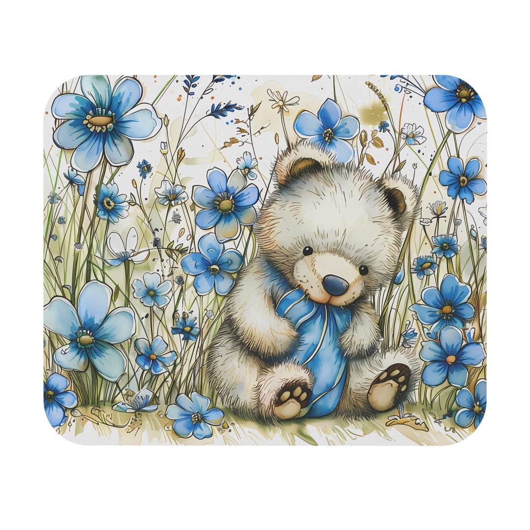 Teddy Bear in Blue Flowers Mouse Pad Teddy Bear Mouse Pad Blue Floral ...