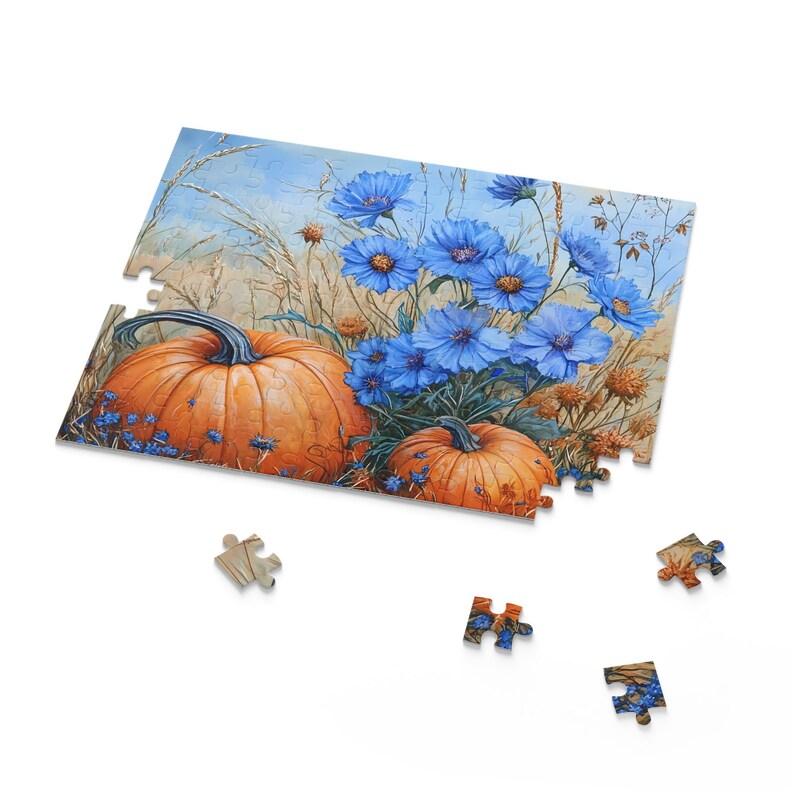 Pumpkins and Blue Wildflowers Puzzle 120 Piece Puzzle Autumn Puzzle ...