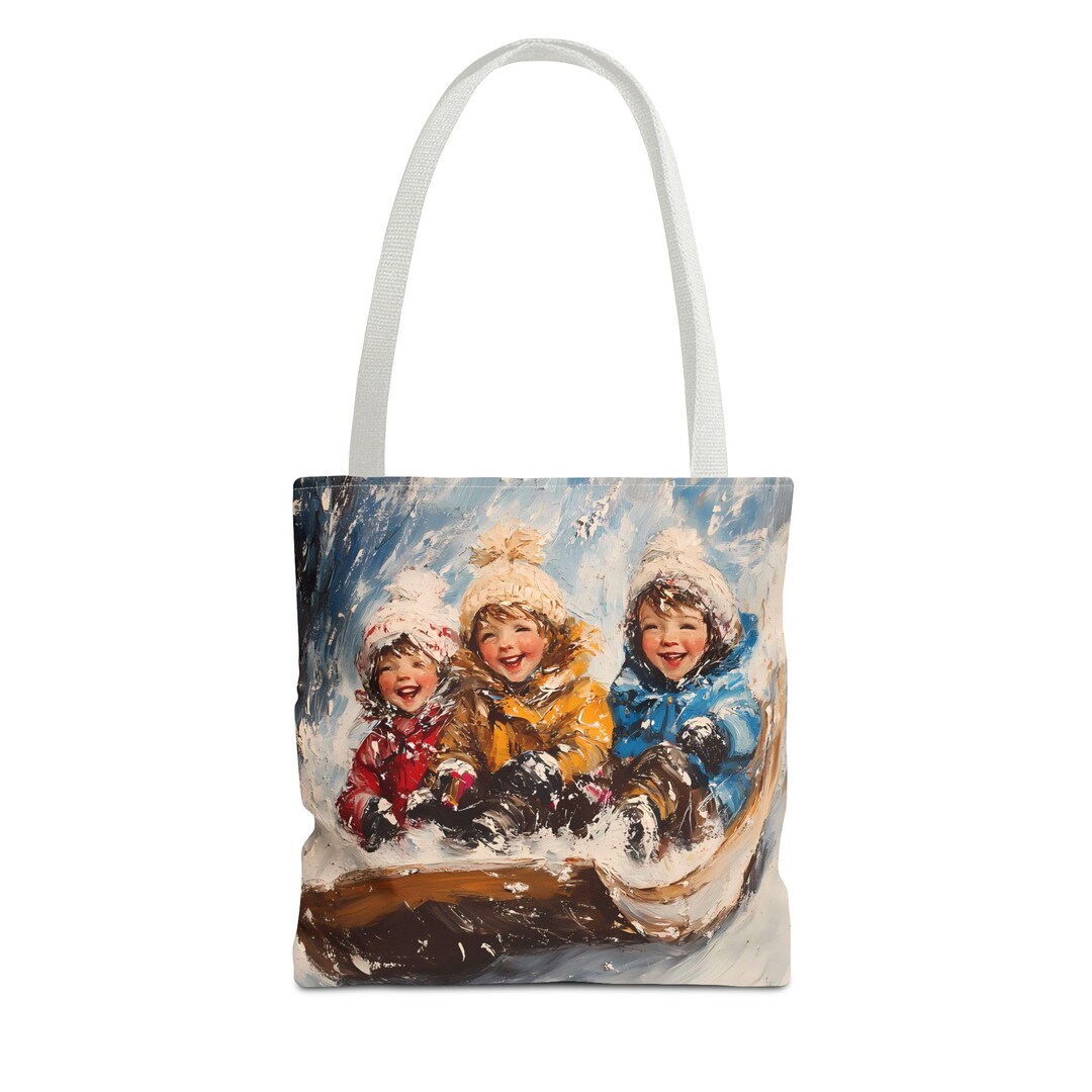 Children Sledding Tote Bag Winter Fun Tote Bag Sledding Kids Tote Bag ...