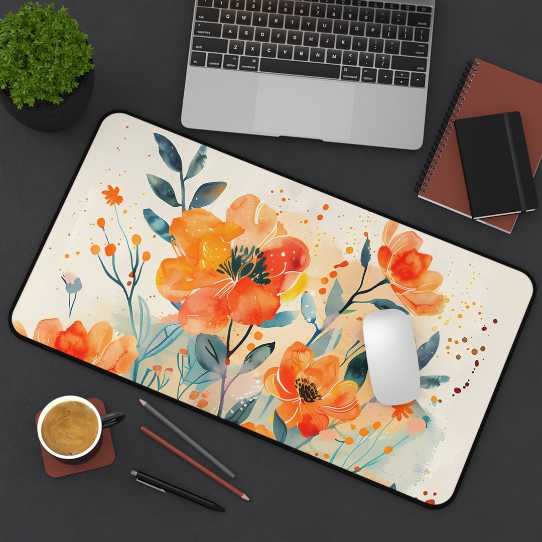 Orange Floral Watercolor Print Desk Mat Orange Flower Desk Mat Orange ...