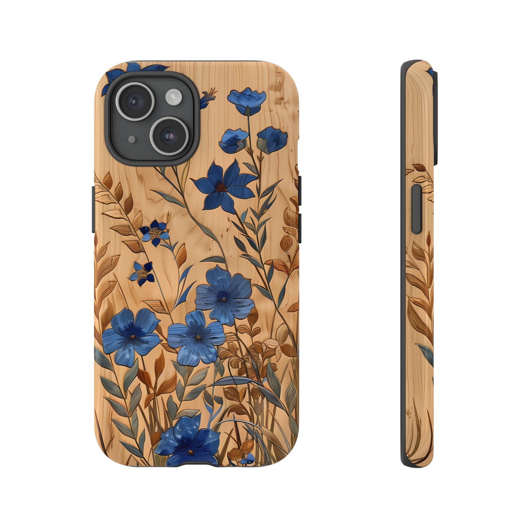 Blue Wildflower Inlaid Wood Print Phone Case Blue Wildflower Phone Case ...