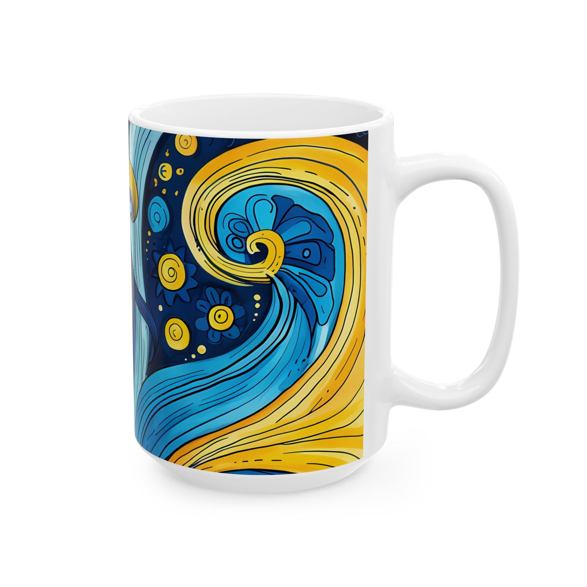 Blue and Yellow Swirly Doodle Ceramic Mug 15 Oz. Blue and Yellow Coffee ...