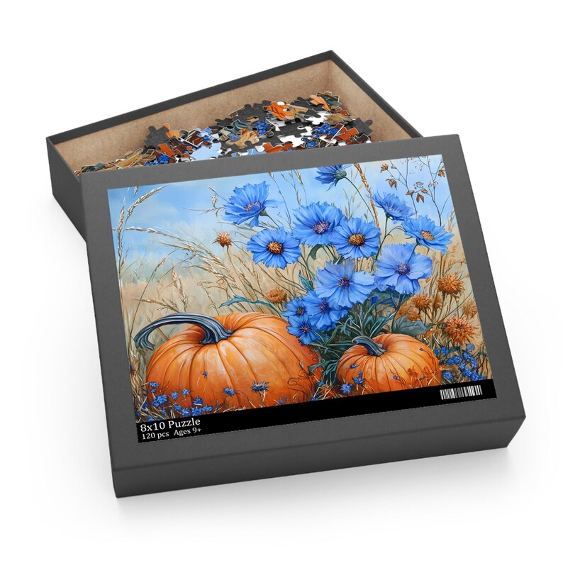Pumpkins and Blue Wildflowers Puzzle 120 Piece Puzzle Autumn Puzzle ...