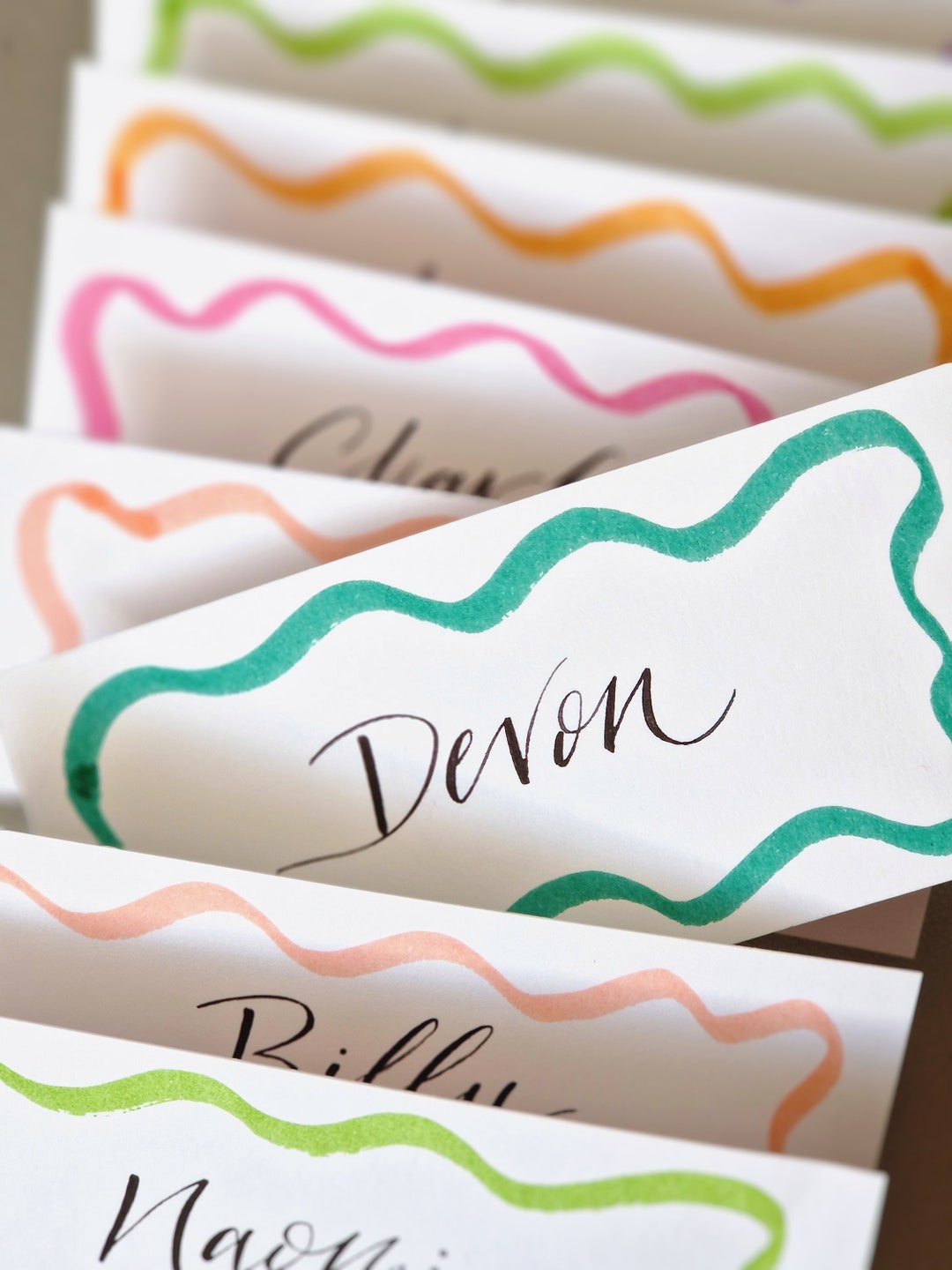 Wavy Calligraphy Place Cards | Colourful Fun Handwritten Modern ...