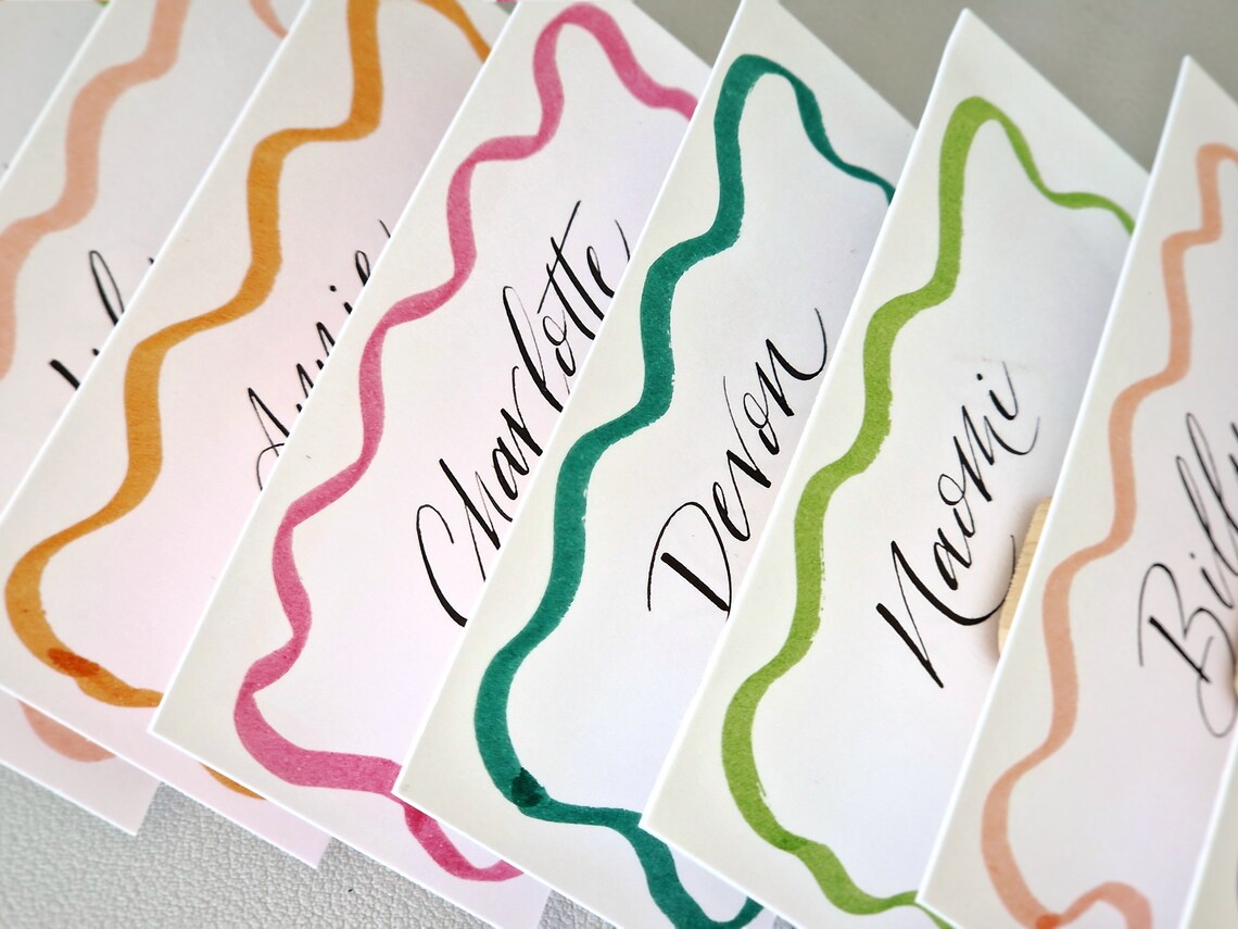 Wavy Calligraphy Place Cards | Colourful Fun Handwritten Modern ...