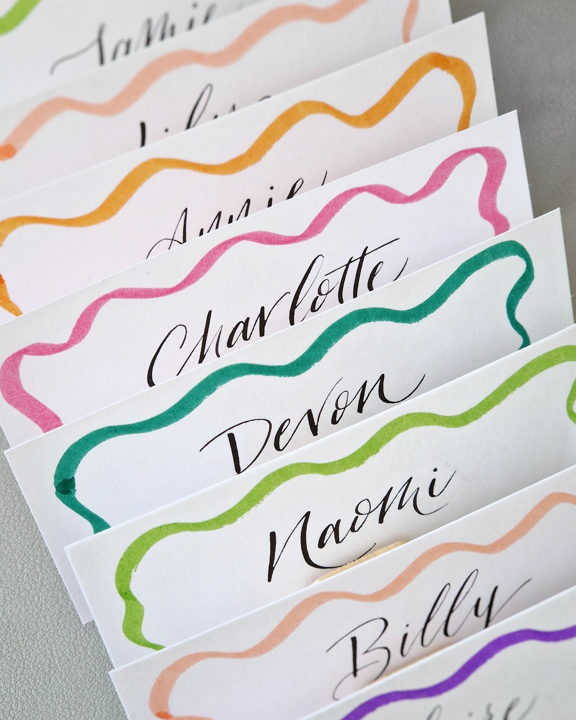 Wavy Calligraphy Place Cards | Colourful Fun Handwritten Modern ...