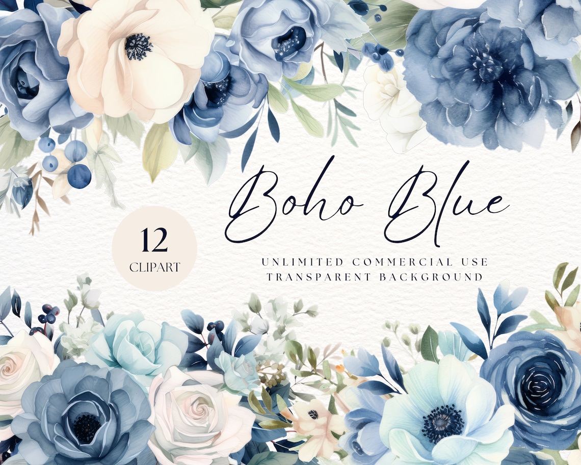 Boho Blue Flower Png Bohemian Flower Watercolor Clipart Blue Flower ...