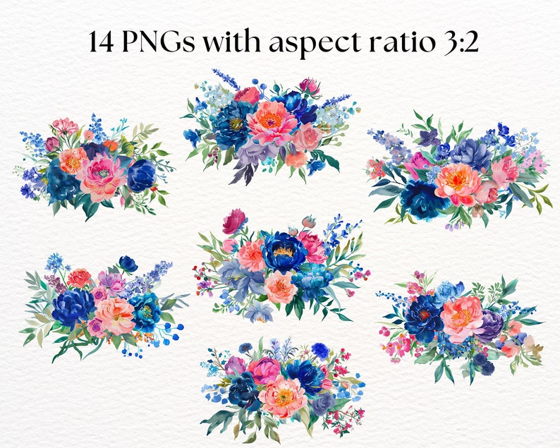 Blue Pink Flower Watercolor Clipart, Floral Clipart, Pink Rose Png ...