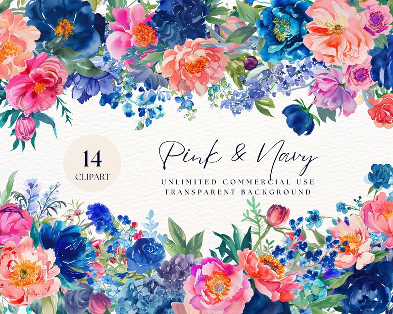 Blue Pink Flower Watercolor Clipart, Floral Clipart, Pink Rose Png ...