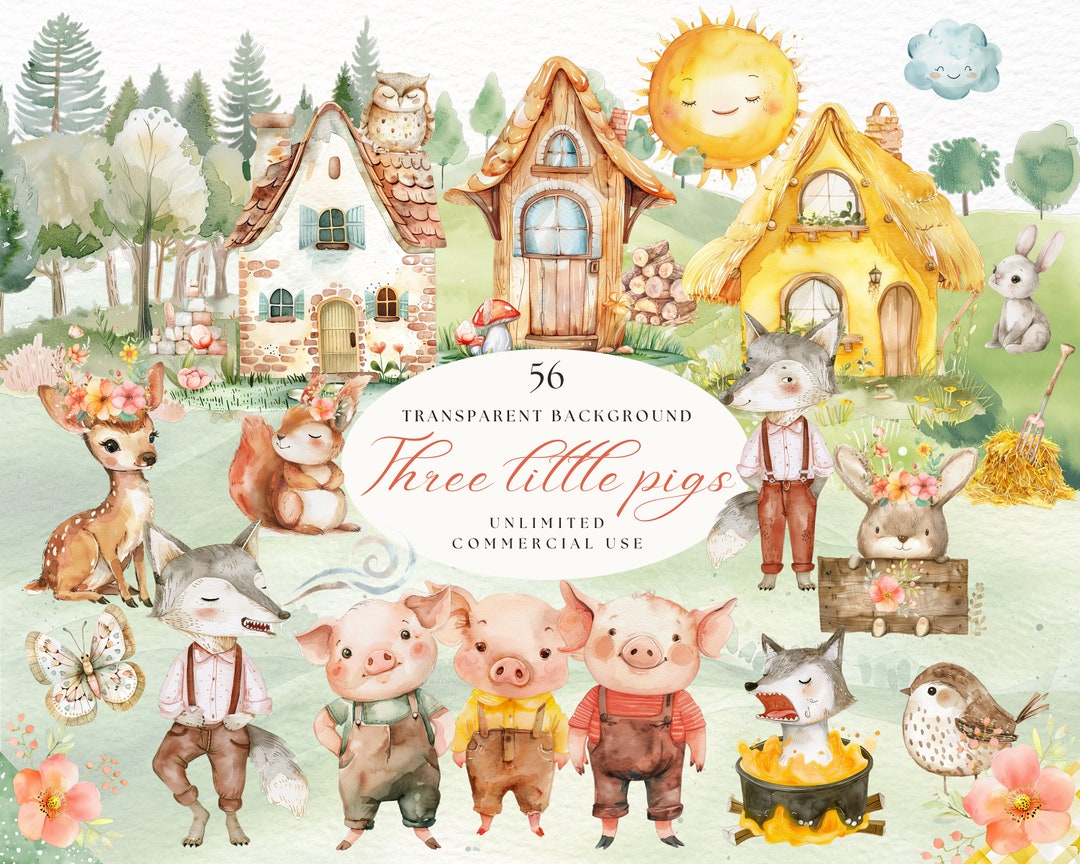 Three Little Pigs Clipart | Cute Piglet | Big Bad Wolf | Instant ...