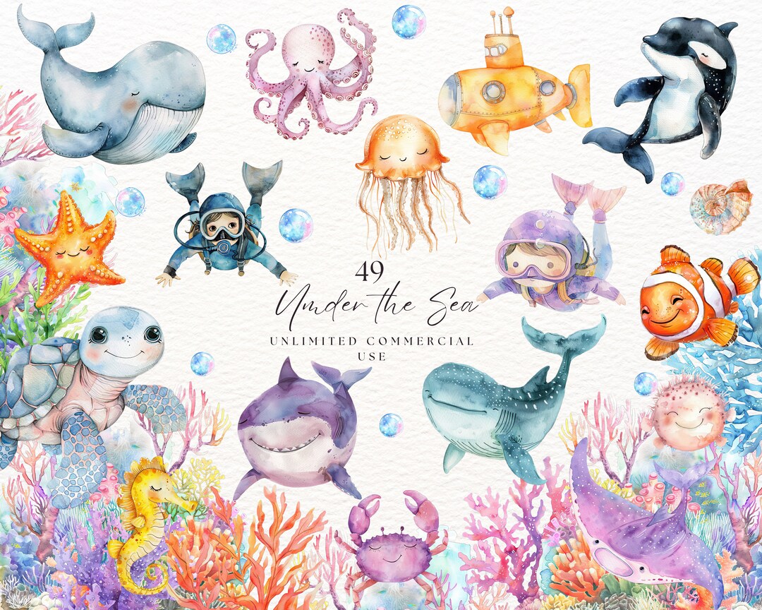 Under the Sea Clipart Bundle, Cute Sea Animals , Ocean Clipart ...