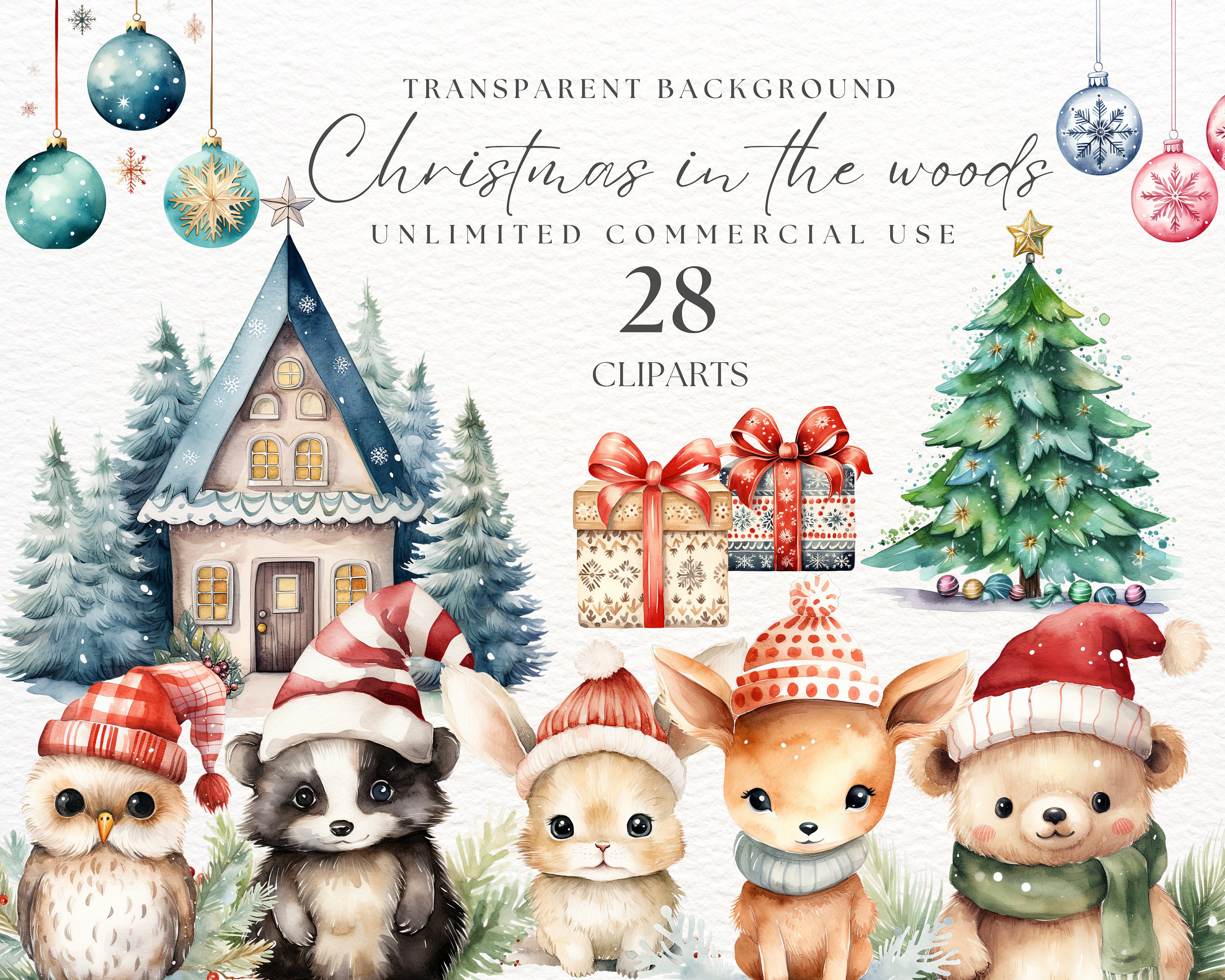 Woodland Christmas Clipart Nursery Clipart Woodland Animals Watercolor ...