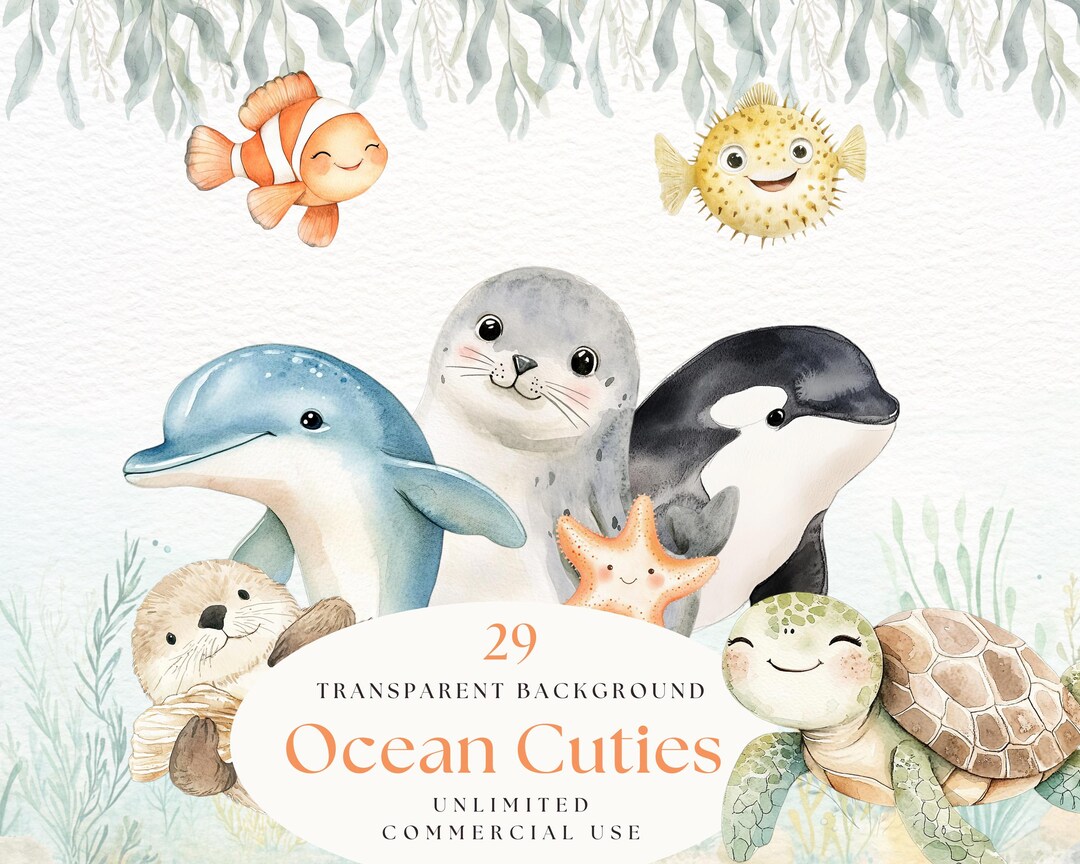 Cute Under the Sea Animals Clipart, Cute Sea Creatures, Perfect for ...