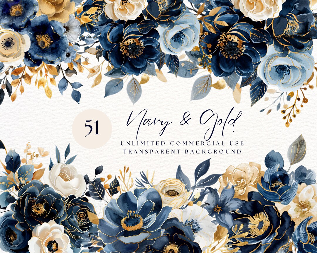 Gold Navy Flowers , Floral Bouquet, Floral Clipart, Watercolor Flower ...