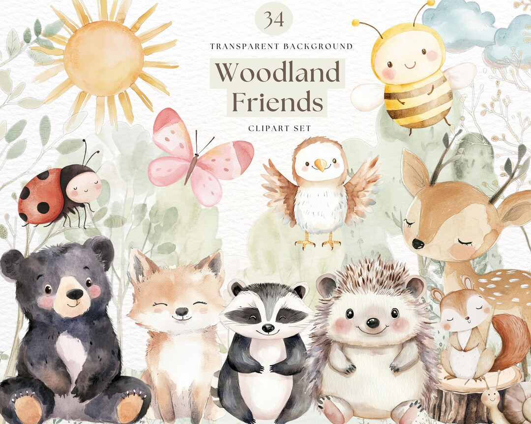 Watercolor Woodland Friends Clipart, Cute Forest Animals, Baby Animals ...