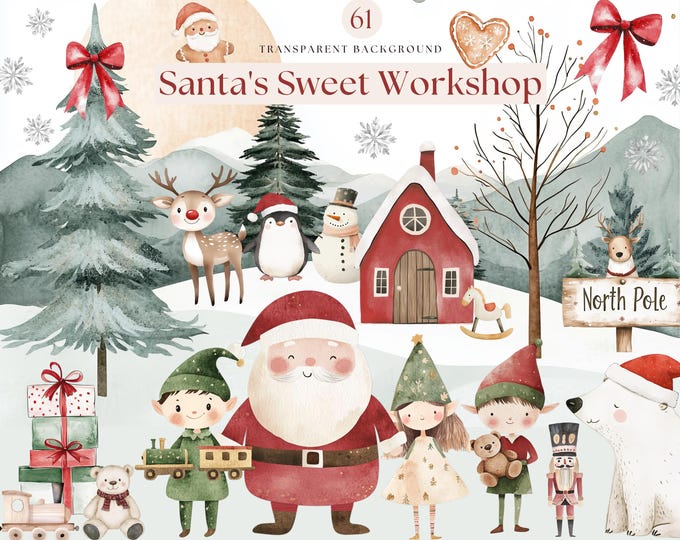 Cute Watercolor Clipart Santa's Workshop, Cute Elf Clipart, Christmas ...