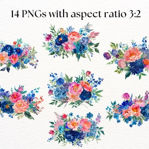 Blue Pink Flower Watercolor Clipart, Floral Clipart, Pink Rose Png ...