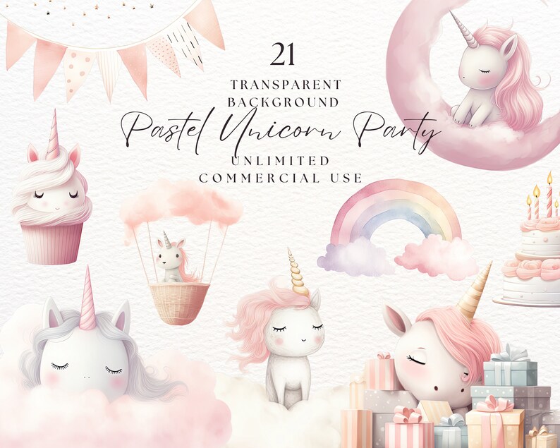 Pastel Unicorn Birthday Clipart Unicorn Clip Art Watercolor Unicorn ...