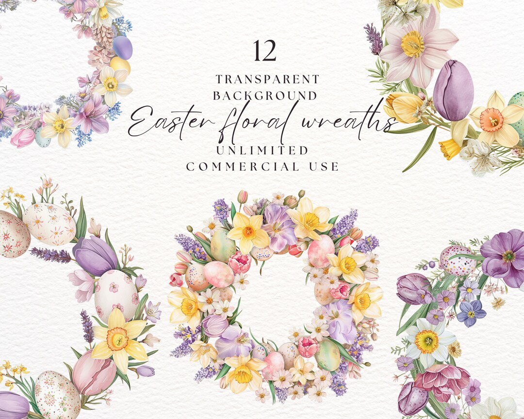 Watercolor Easter Wreath Clipart | Spring Flower and Eggs Png | Easter ...