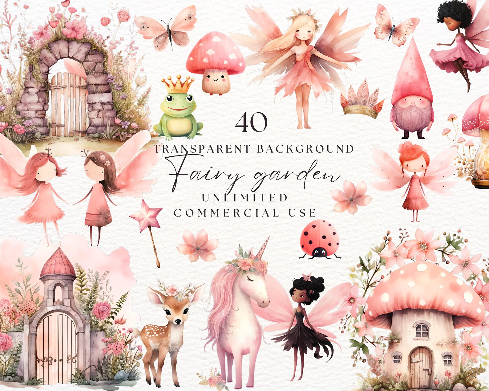 Fairy Garden Watercolor Clipart Pink Fairy Clipart Magical Fairy Garden ...