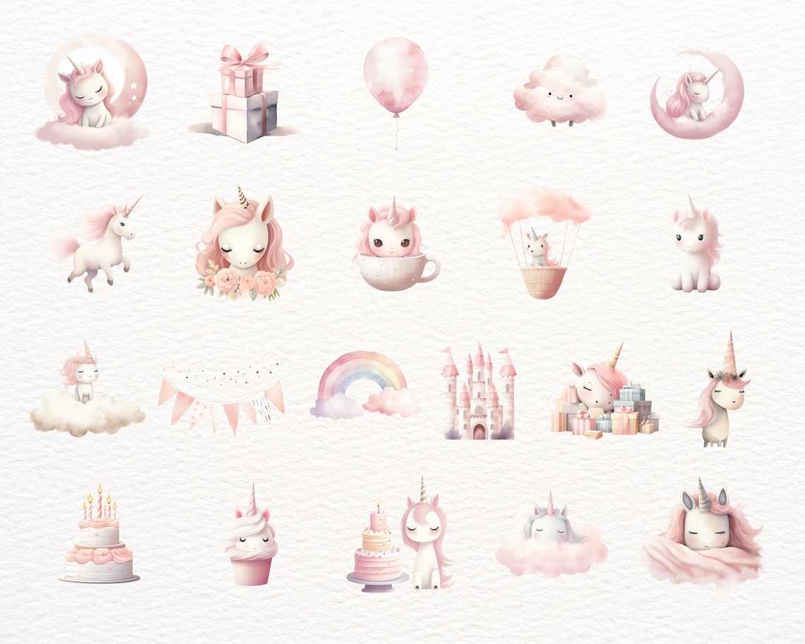 Pastel Unicorn Birthday Clipart Unicorn Clip Art Watercolor Unicorn ...