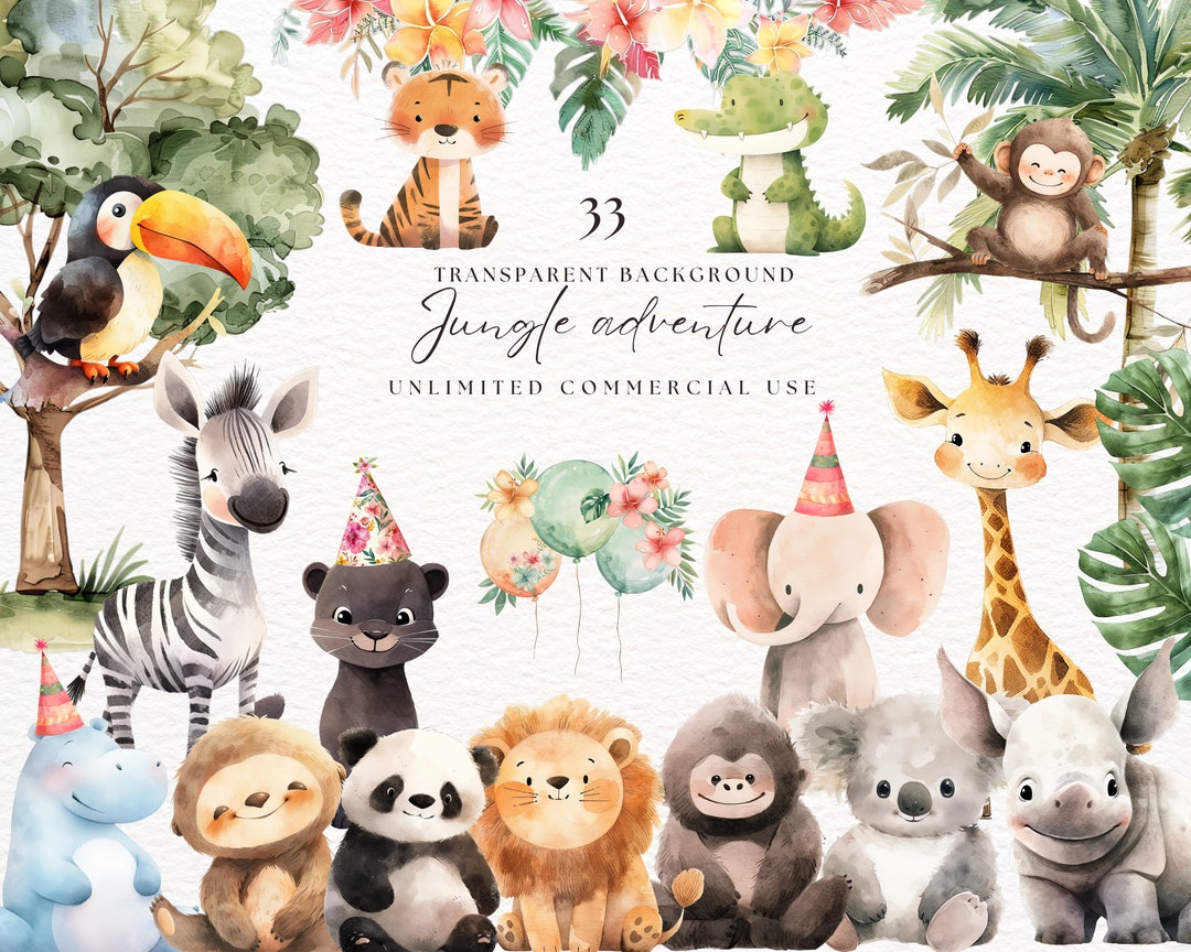 Jungle Clipart | Safari Animals Watercolor Clipart | Baby Shower| Kids ...