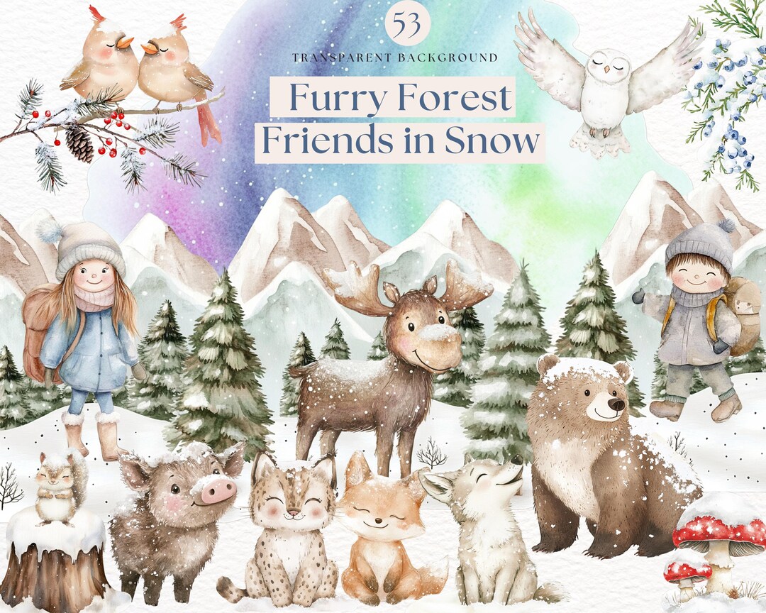 Winter Woodland Friends Clipart, Winter Wonderland Creatures, Cute ...