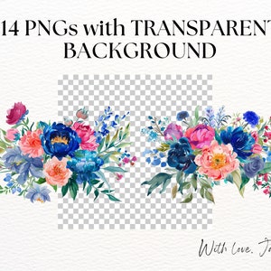 Blue Pink Flower Watercolor Clipart, Floral Clipart, Pink Rose Png ...