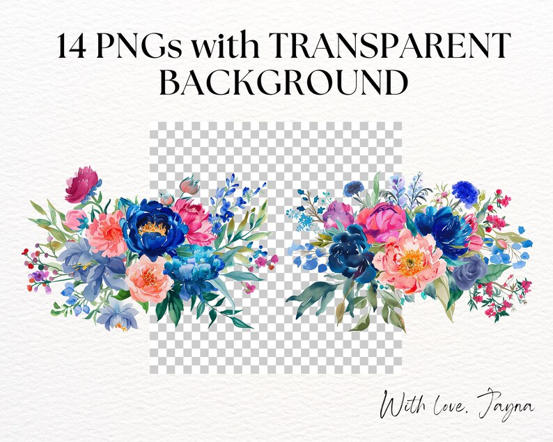 Blue Pink Flower Watercolor Clipart, Floral Clipart, Pink Rose Png ...