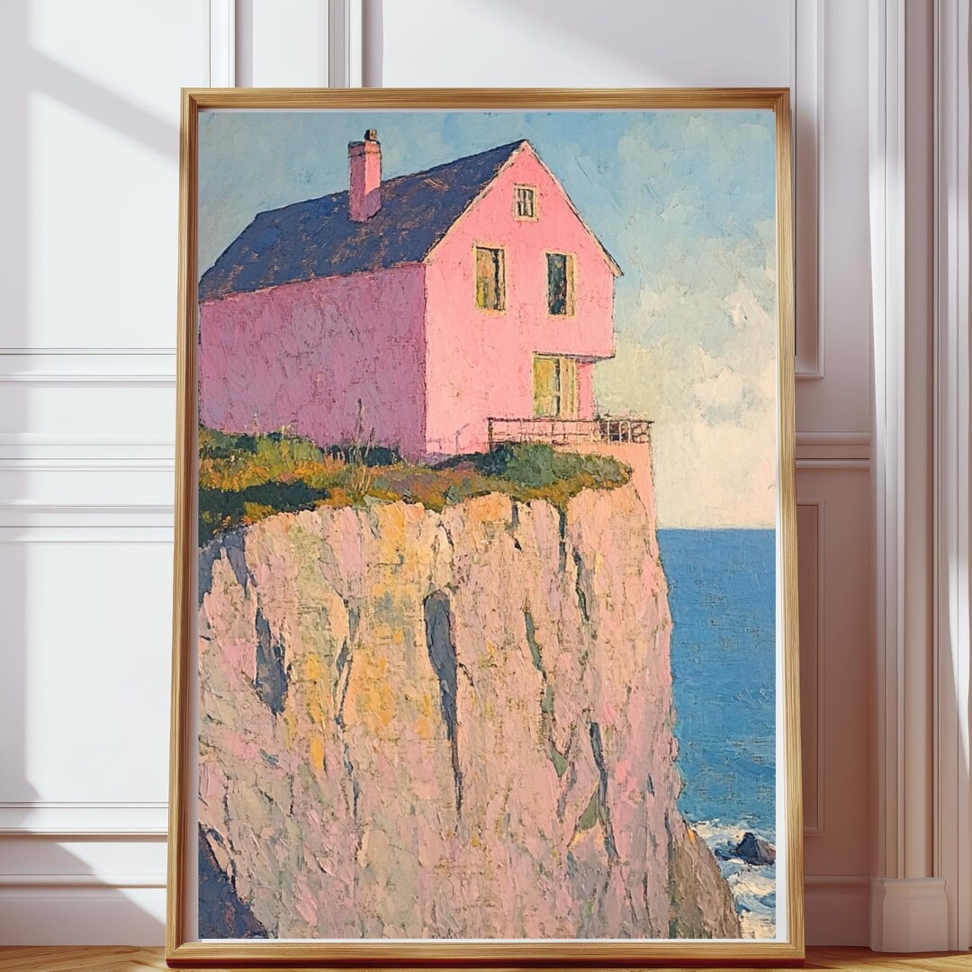 Pink House on the Cliff Printable Painting, Oil Painting, Digital ...