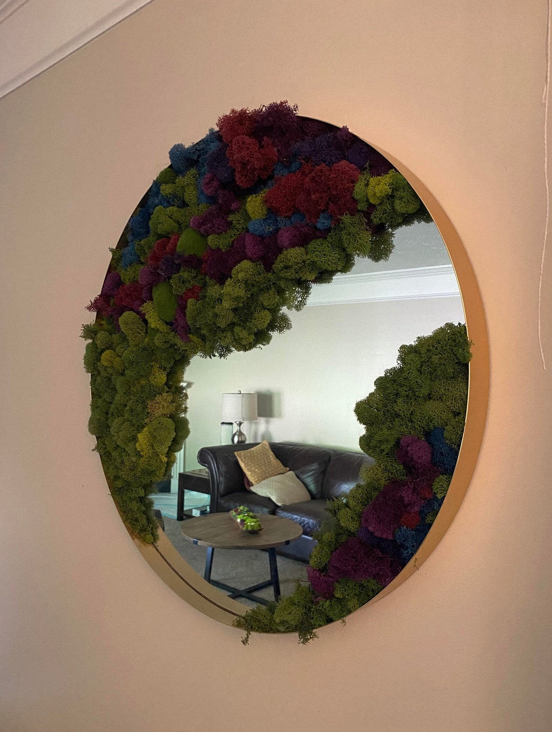 Round Moss Wall Art Mirror I Gold Frame I Asymmetrical Design - Etsy