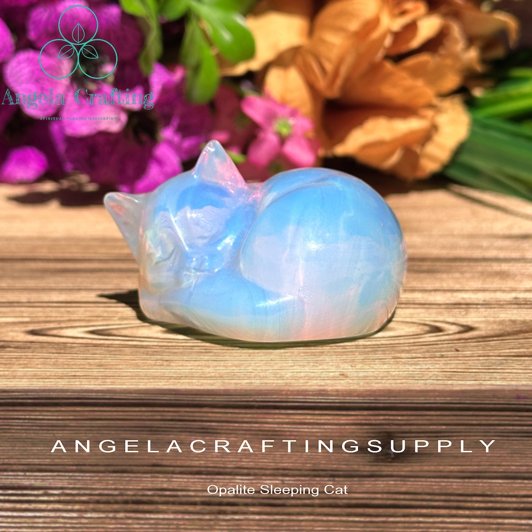 Opalite Cat Statue, Natural Stone Sleeping Cat Statue, Hand-carved ...