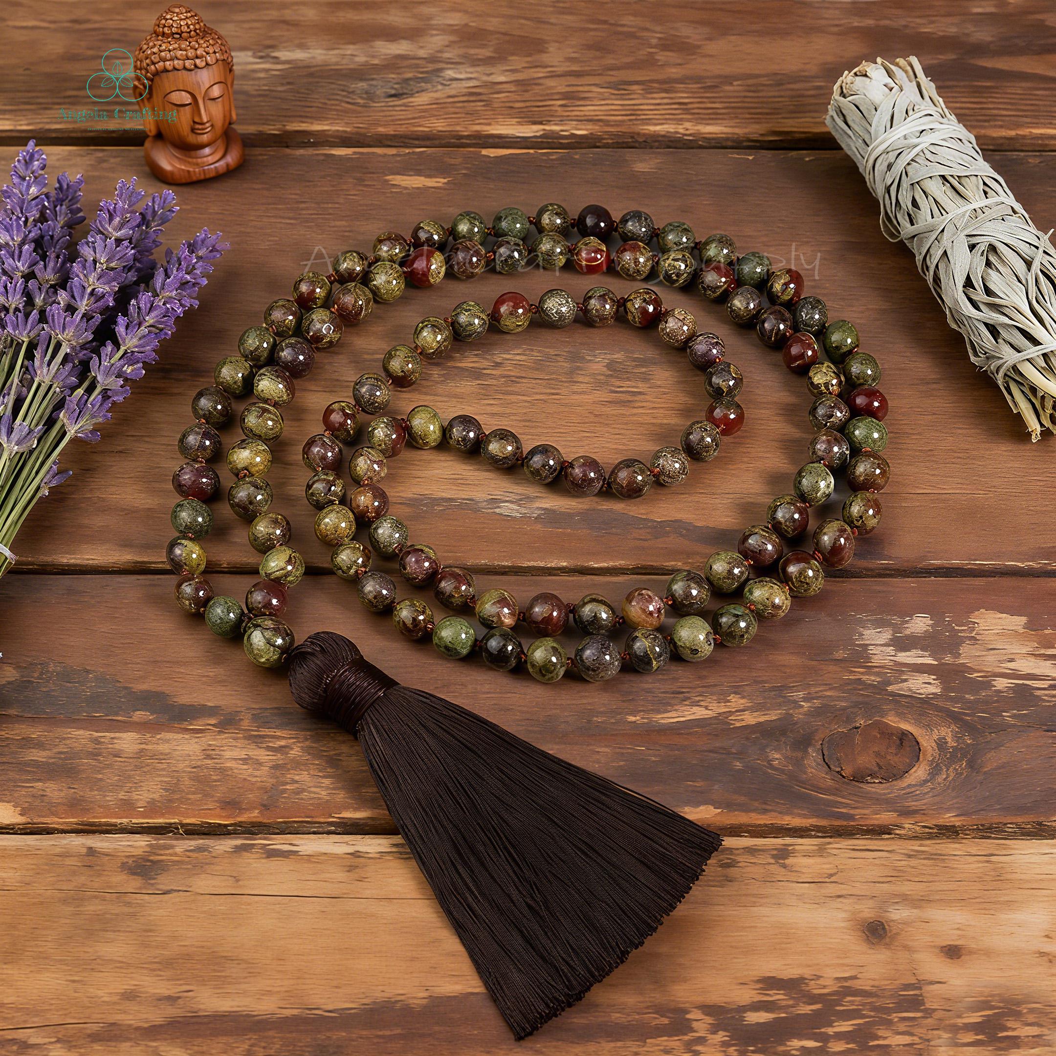 Bloodstone 108 Bead Mala Prayer Necklace, Tassel Rosary, Root Chakra ...