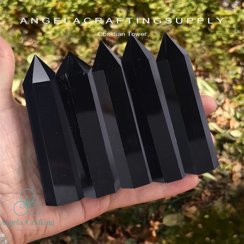 Black Obsidian Point Tower, Natural Obsidian Stone Obelisk Wand ...