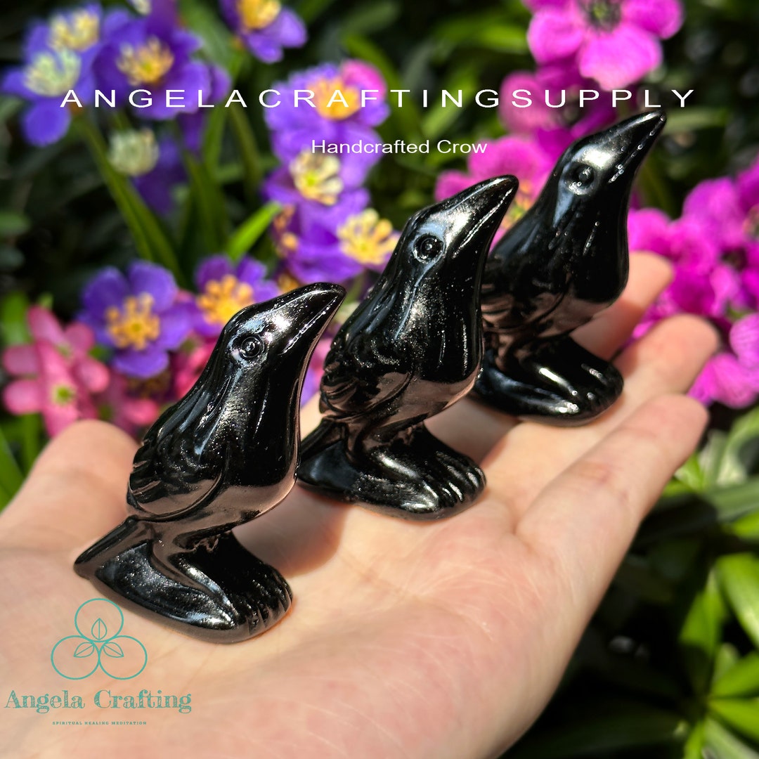2 Black Obsidian Crow Crystal Bird Carving, Natural Black Obsidian Crow, Hand-carved Crow Statue ...