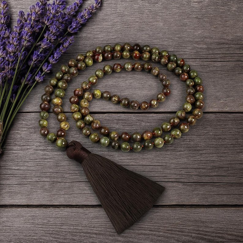 Bloodstone 108 Bead Mala Prayer Necklace, Tassel Rosary, Root Chakra ...