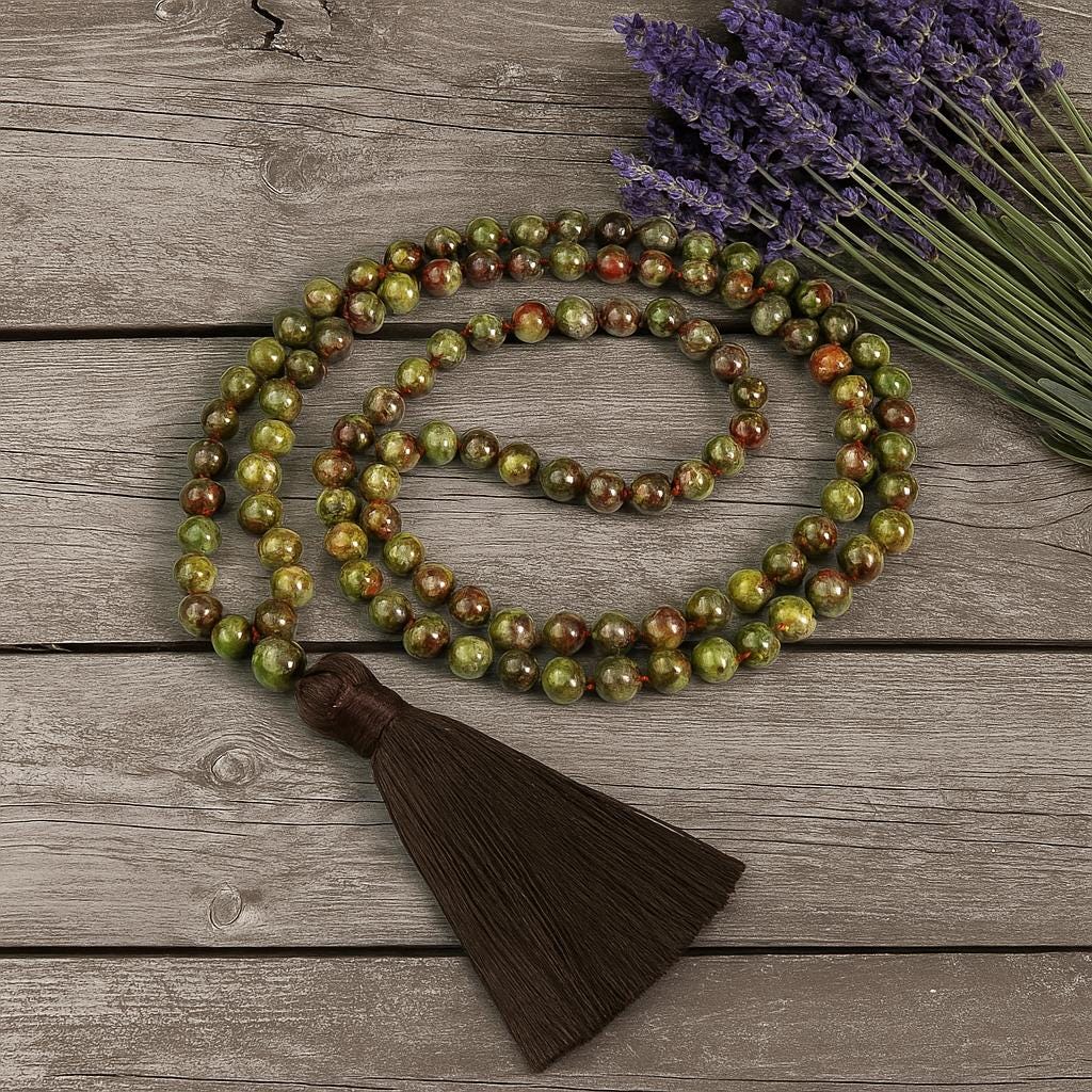 Bloodstone 108 Bead Mala Prayer Necklace, Tassel Rosary, Root Chakra ...