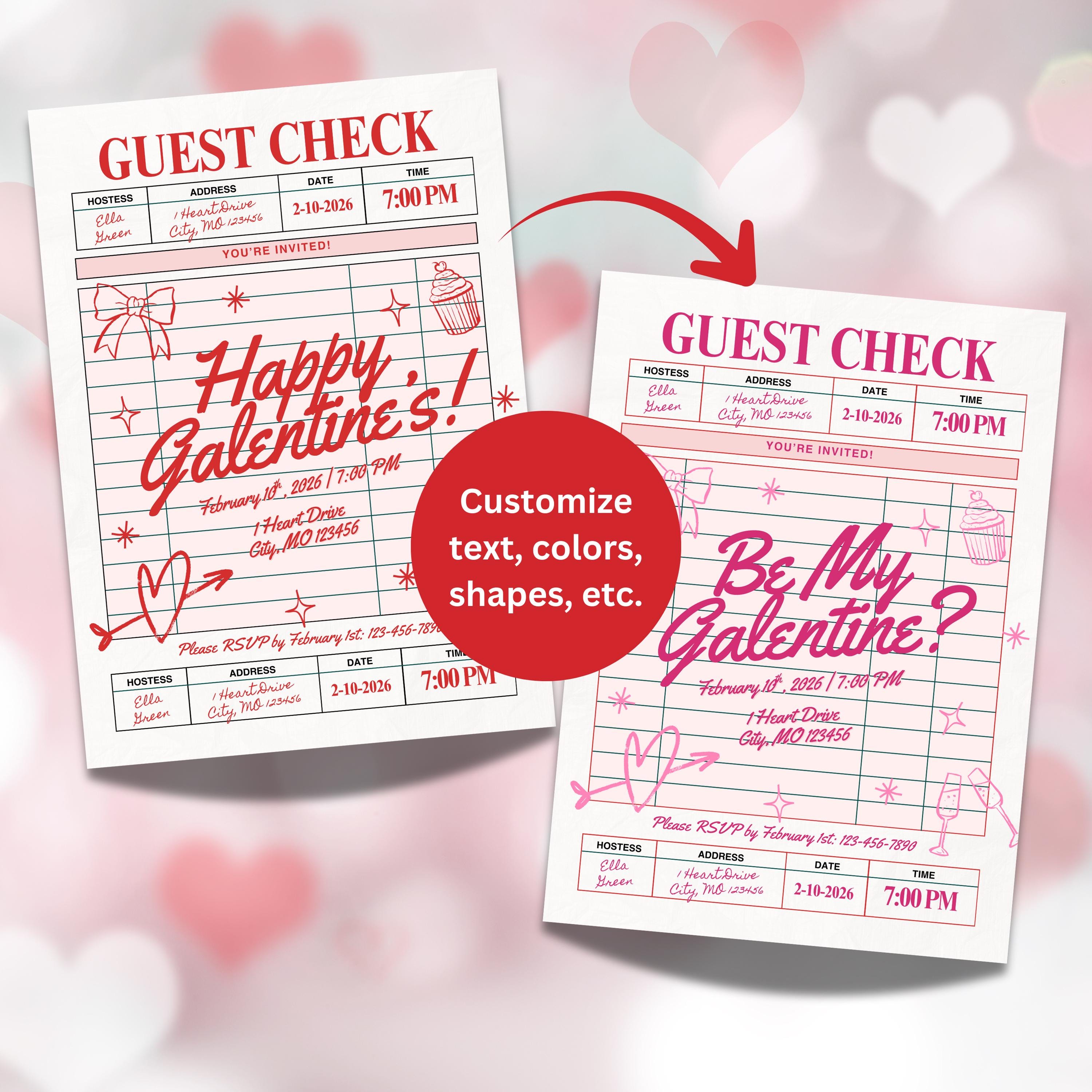 Galentine's Guest Check Invitation Card, Valentine's, Editable Red ...