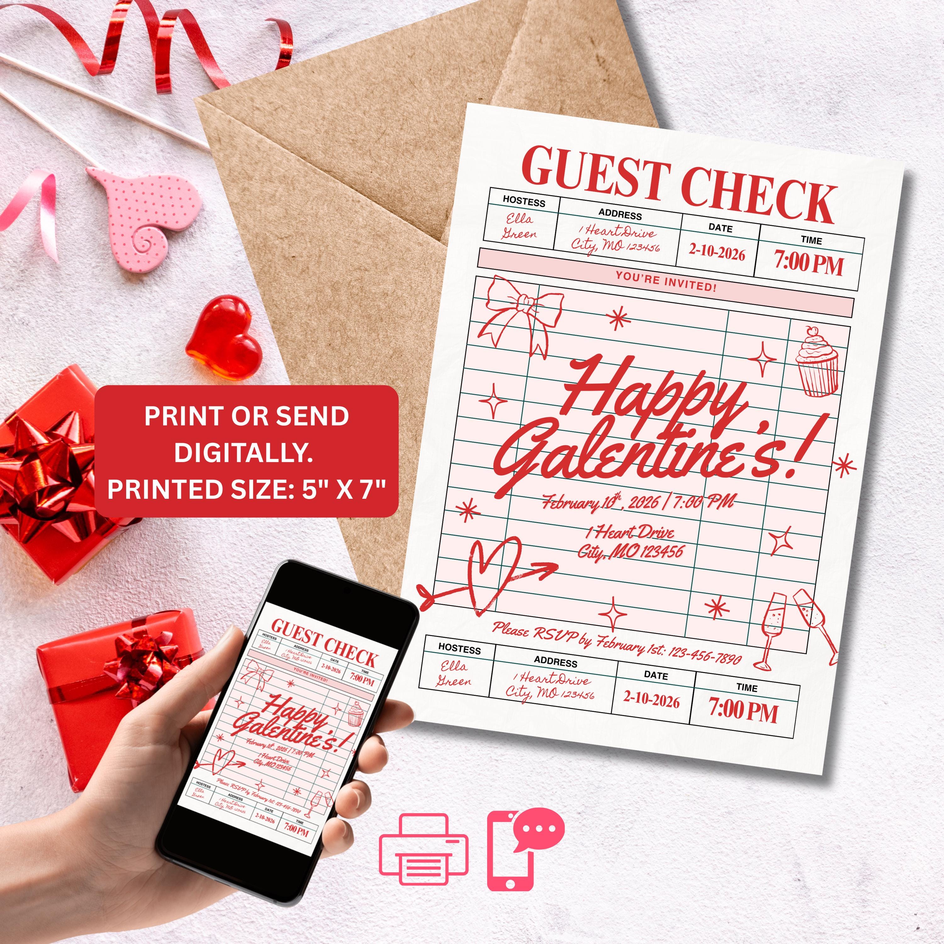 Galentine's Guest Check Invitation Card, Valentine's, Editable Red ...