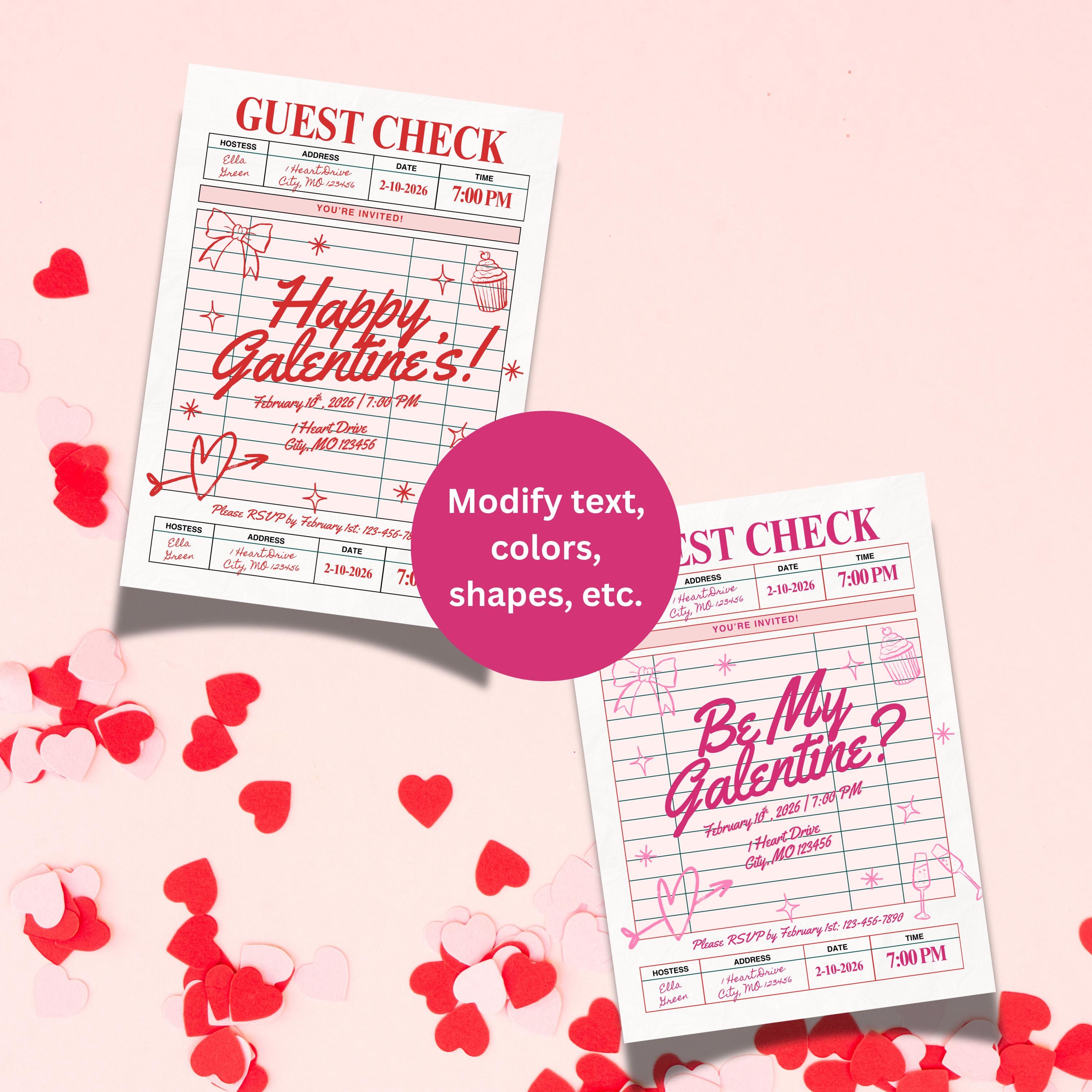 Galentine's Guest Check Invitation Card, Valentine's, Editable Red ...